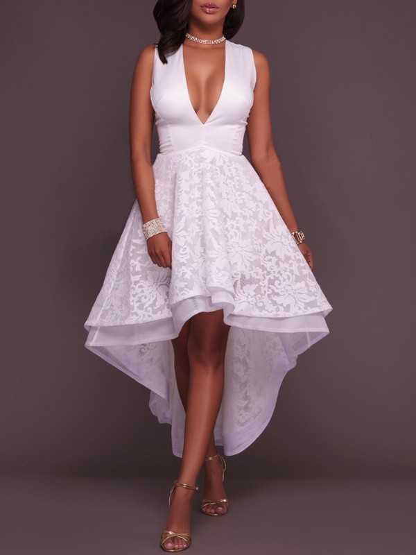 V Neck Pleated Lace Irregular Dress