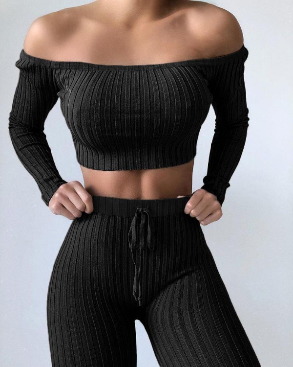 Solid Ribbed Off Shoulder Top & Pant Set