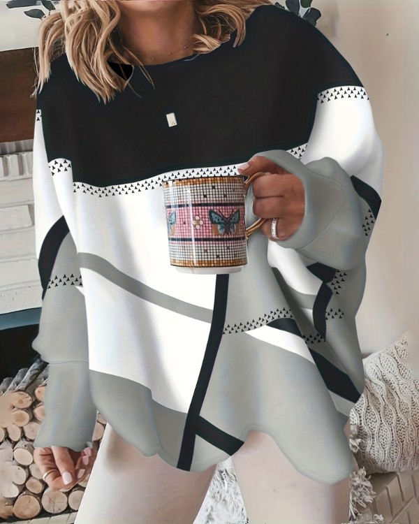 Plus Size Geometric Print Colorblock Long Sleeve Top