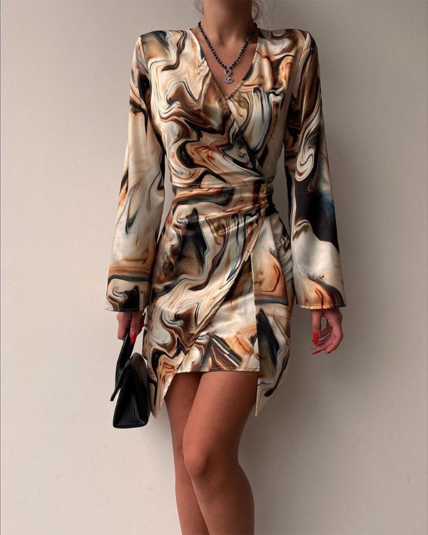 Marble Print Long Sleeve Wrap Dress
