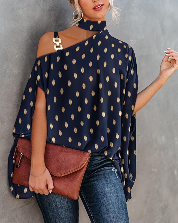 Metallic Polka Dot Chain Strap Cold Shoulder Top