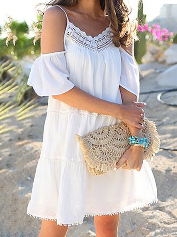 White Cold Shoulder Lace Patchwork Beach Casual Dress Online. Discover ...