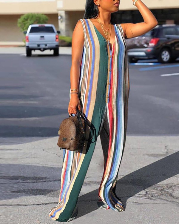 Sleeveless Vertical Striped Buttoned Jumpsuit Online. Discover hottest ...