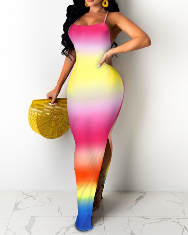 Floral Print Bodycon High Slit Straight Maxi Dress