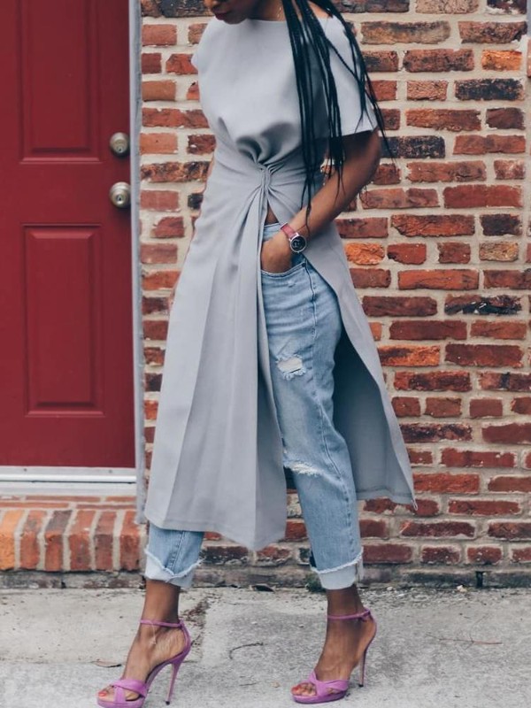 Solid Scrunch High Slit Short Sleeve Long Top