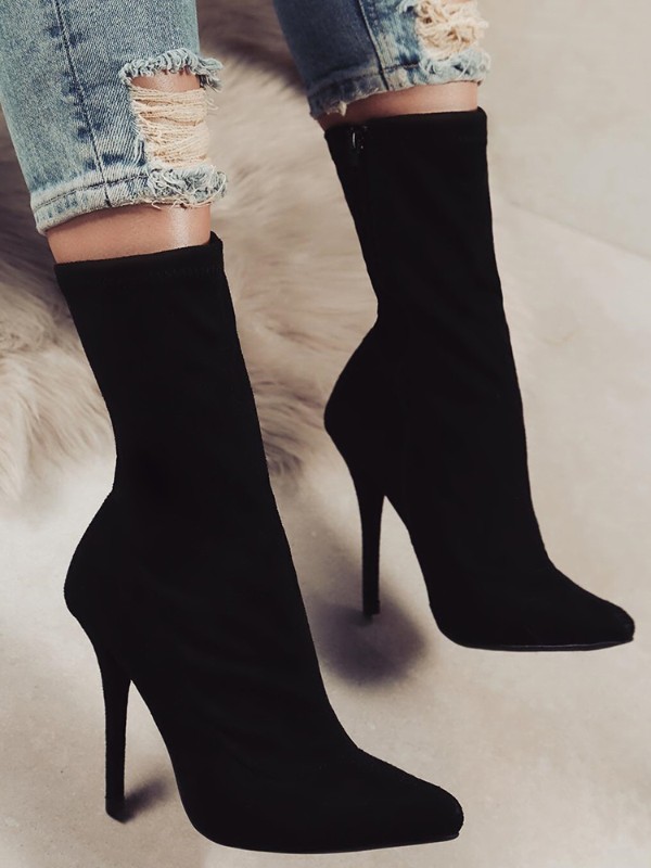 Solid Side Zipper Pointed Toe Heeled Boots