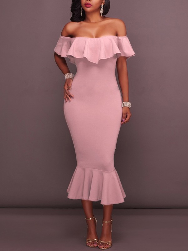 Flounced Off Shoulder Bodycon Mermaid Dress