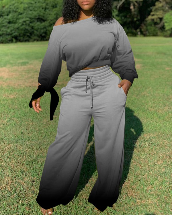 Gradient Color Top & Drawstring Pants Set
