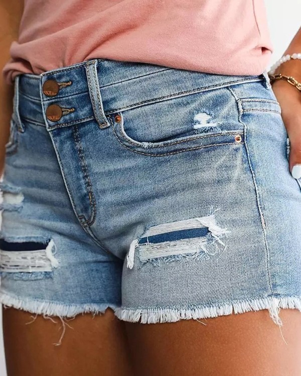 Ripped Raw Hem Denim Shorts