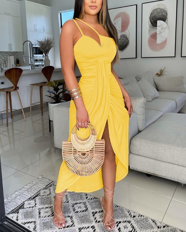 One Shoulder Ruched Slit Dress