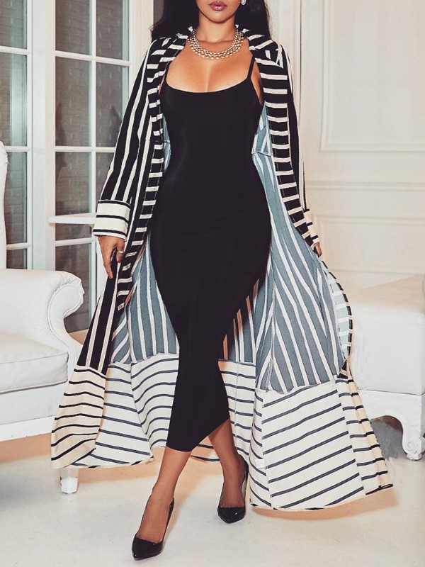 Stripes Open Front Long Trench Coat