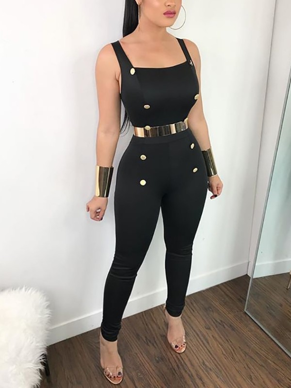 Button Design Zipper Back Slinky Jumpsuit