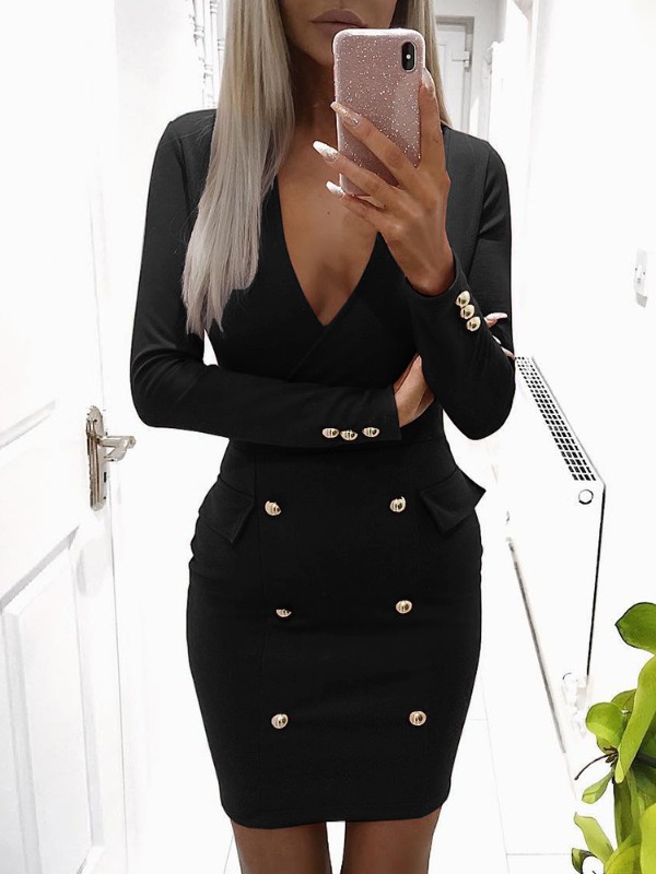 Solid V Neck Snap Button Design Bodycon Dress