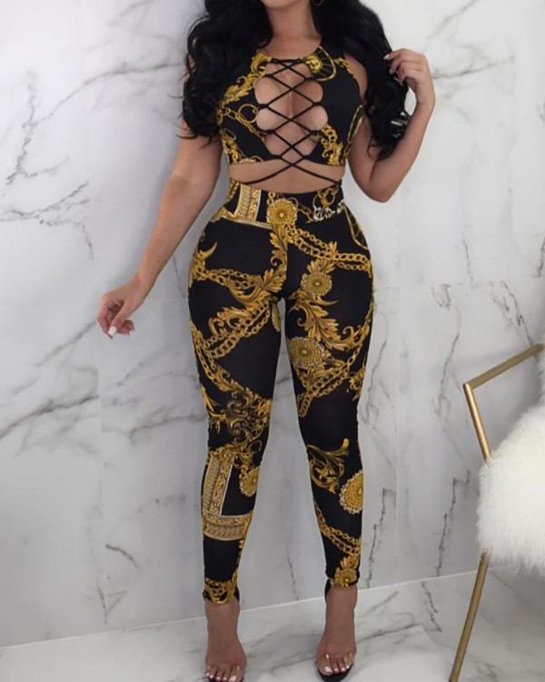 Vintage Criss Cross Front High Waist Pants Set