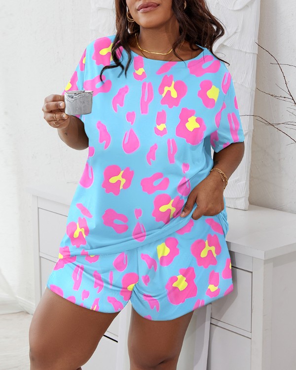 Plus Size Pink Leopard Print Pajamas Set