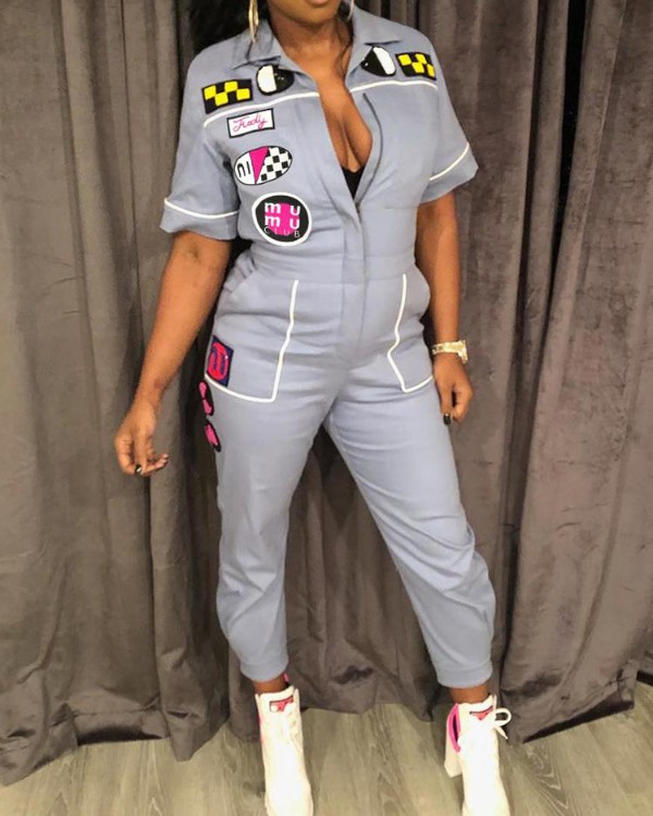Patch Detail Short Sleeve Casual Jumpsuit Online. Discover hottest ...