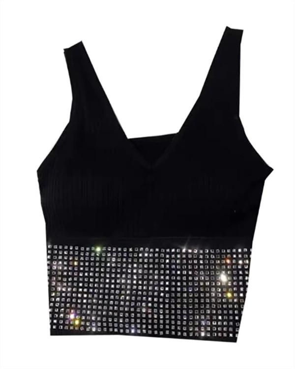 Sleeveless Rhinestone V Neck Skinny Crop Top