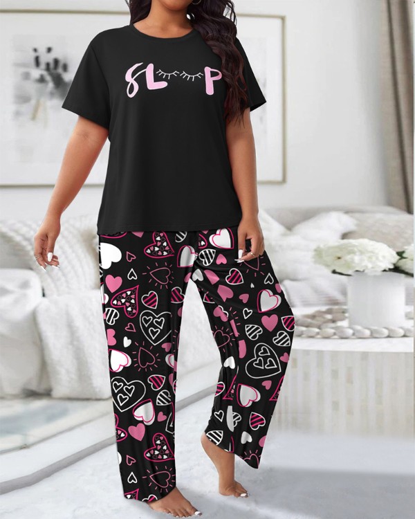 Plus Size Sleep Figure Heart Print Wide Leg Pajamas Set