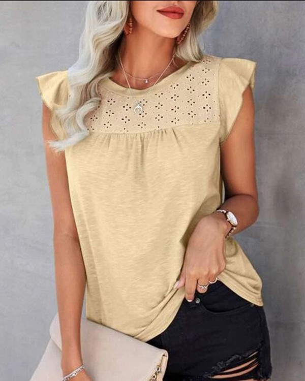 Flutter Sleeve Eyelet Embroidery Top
