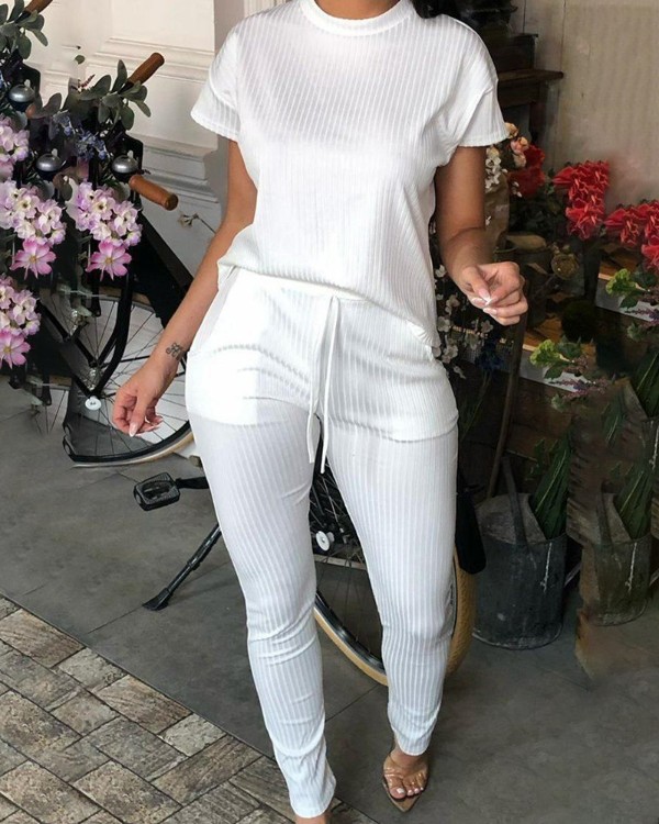 Short Sleeve Top & Drawstring Pocket Design Pants Set