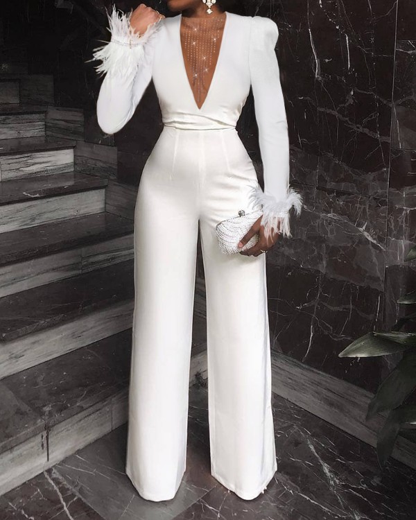 Rhinestone Mesh Insert Feather Trim Jumpsuit