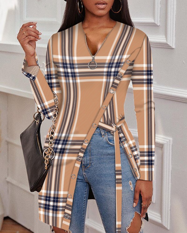 Plaid Print Zip Front Long Sleeve High Slit Top