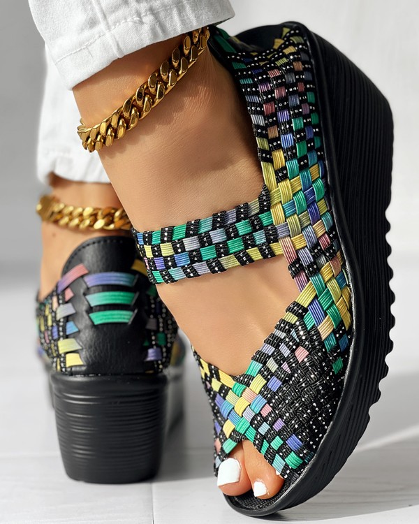 Colorblock Braided Peep Toe Wedge Sandals