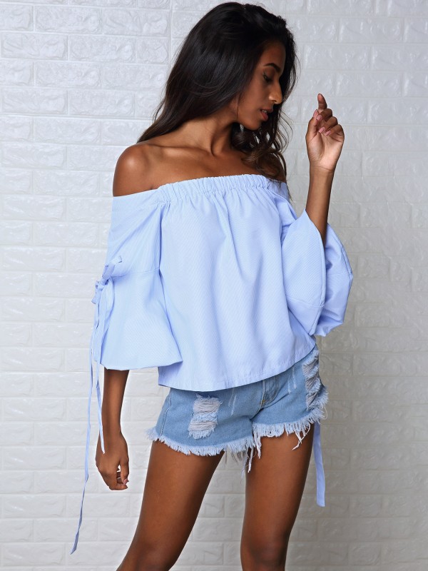 Stylish Pinstripe Shirring Off Shoulder Puff Sleeve Blouse