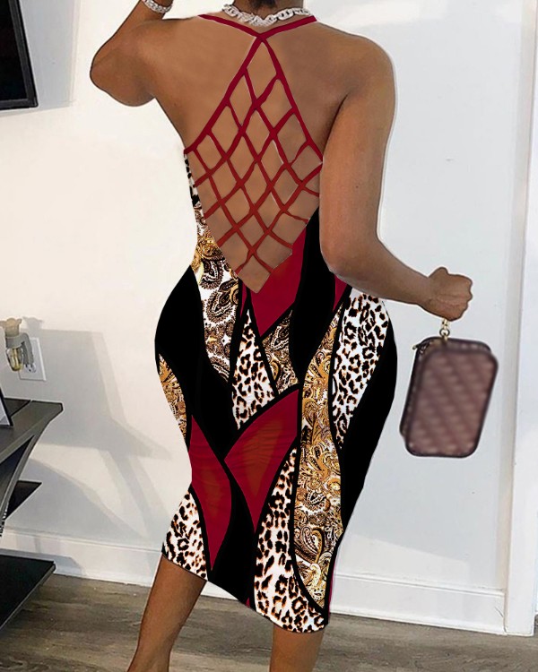 Baroque Leopard Print Fishnet Backless Bodycon Dress