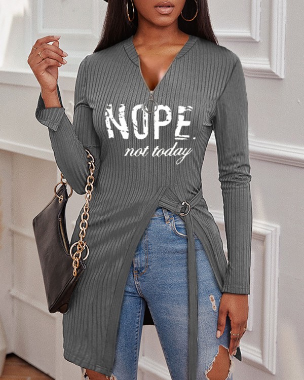 Letter Print High Split Zip Front Top