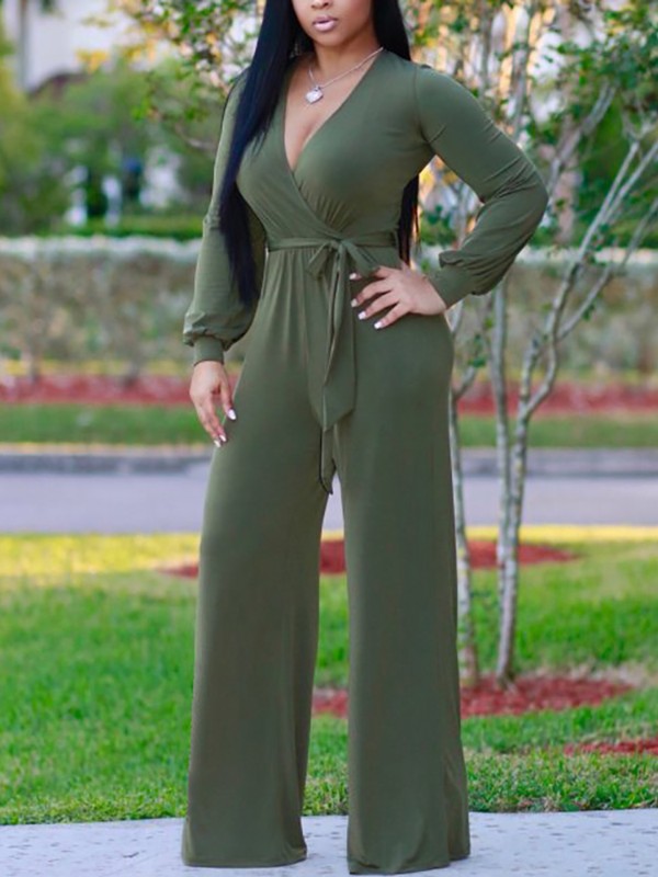 Deep V Tied Waist Wrapped Wide Leg Jumpsuit