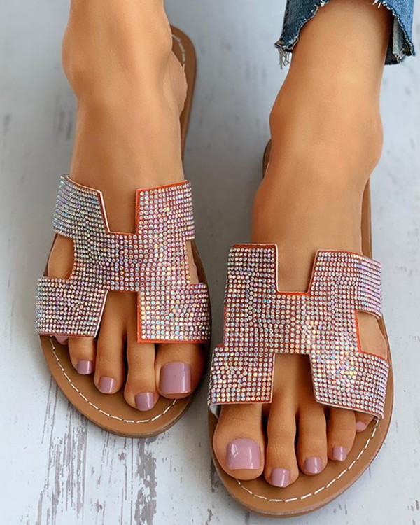 Rhinestone Cutout Open Toe Flat Sandals