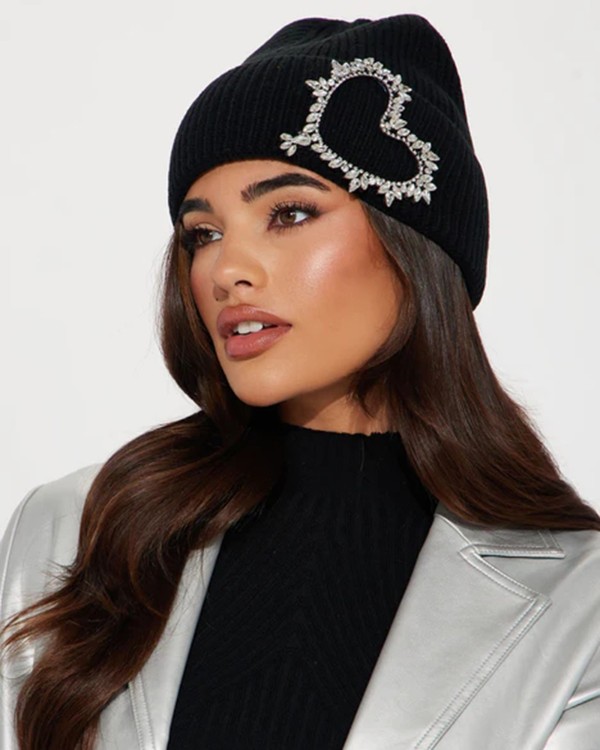 Rhinestone Heart Pattern Beanie Hat