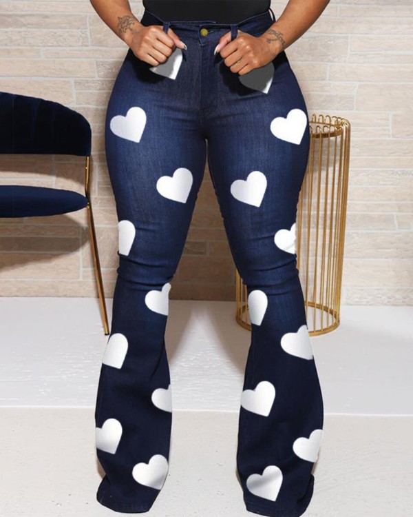 Valentine's Day Heart Print High Waist Flared Leg Jeans