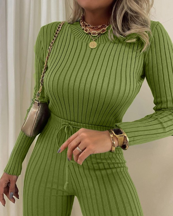Solid Long Sleeve Ribbed Knit Top And Drawstring Waist Pants Set