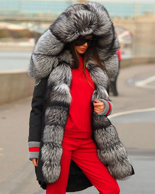 Striped Print Faux Fur Patch Long Sleeve Hooded Coat