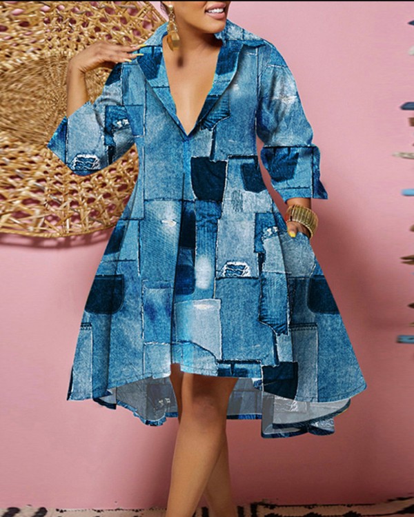 Plus Size Denim Look Print Flowy Shirt Dress