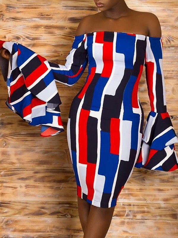 Colorblock Off Shoulder Flared Sleeve Bodycon Dress