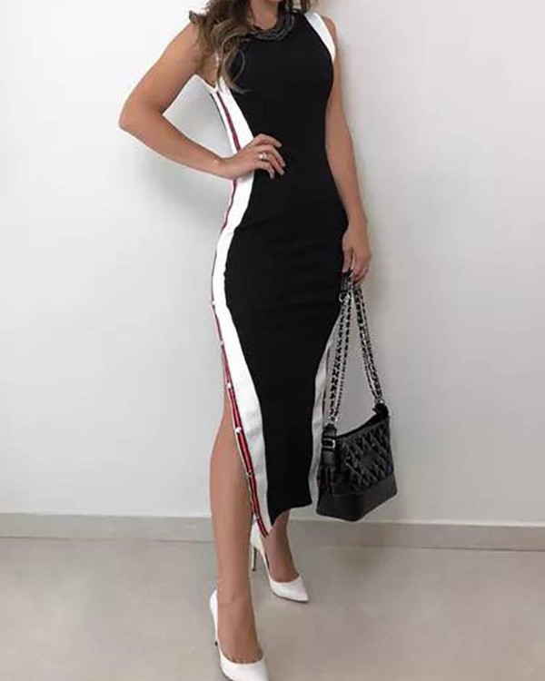 Contrast Color Button Split Side Bodycon Dress