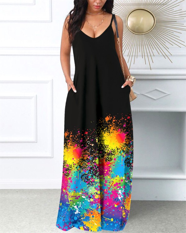 Ink Splash Print Pocket Design Spaghetti Strap Maxi Dress