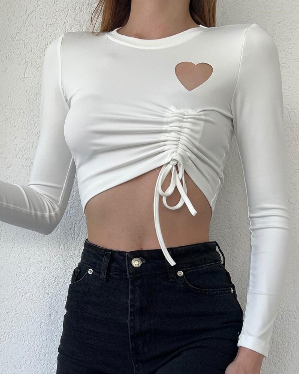 Long Sleeve Cutout Drawstring Crop Top