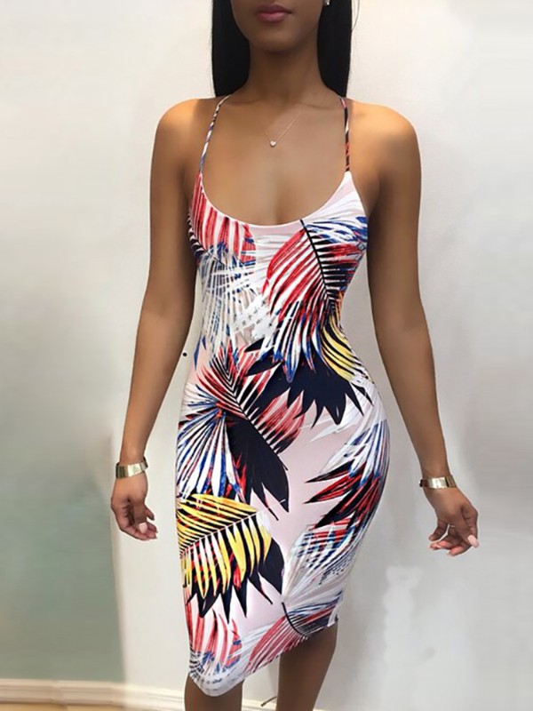 Tropical Print Crisscross Open Back Bodycon Dress
