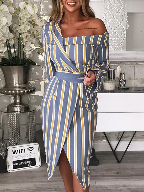 Striped Irregular One Shoulder Shirt Dress