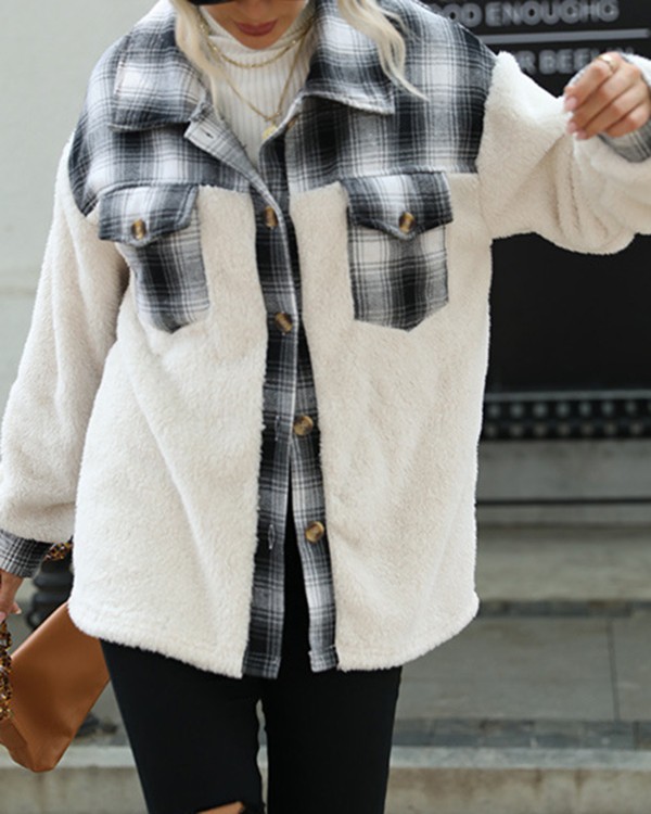 Plaid Pattern Colorblock Buttoned Fuzzy Shacket