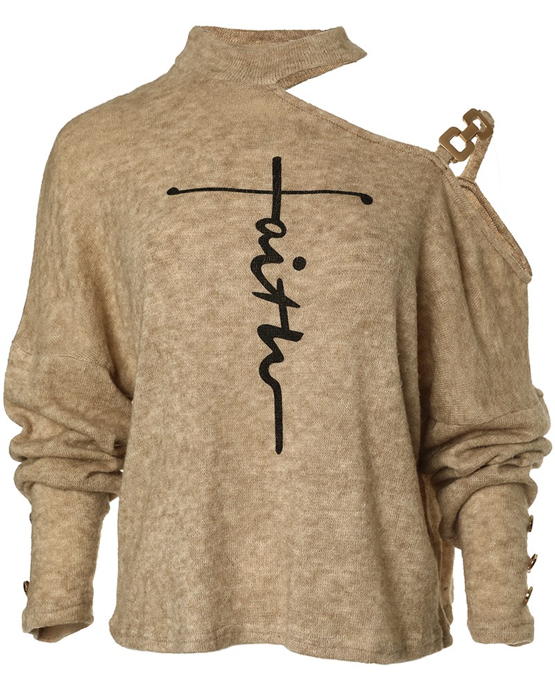 Letter Print Cold Shoulder Chain Strap Top