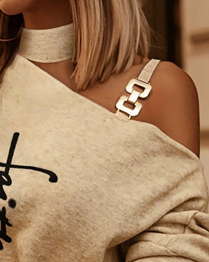 Letter Print Cold Shoulder Chain Strap Top