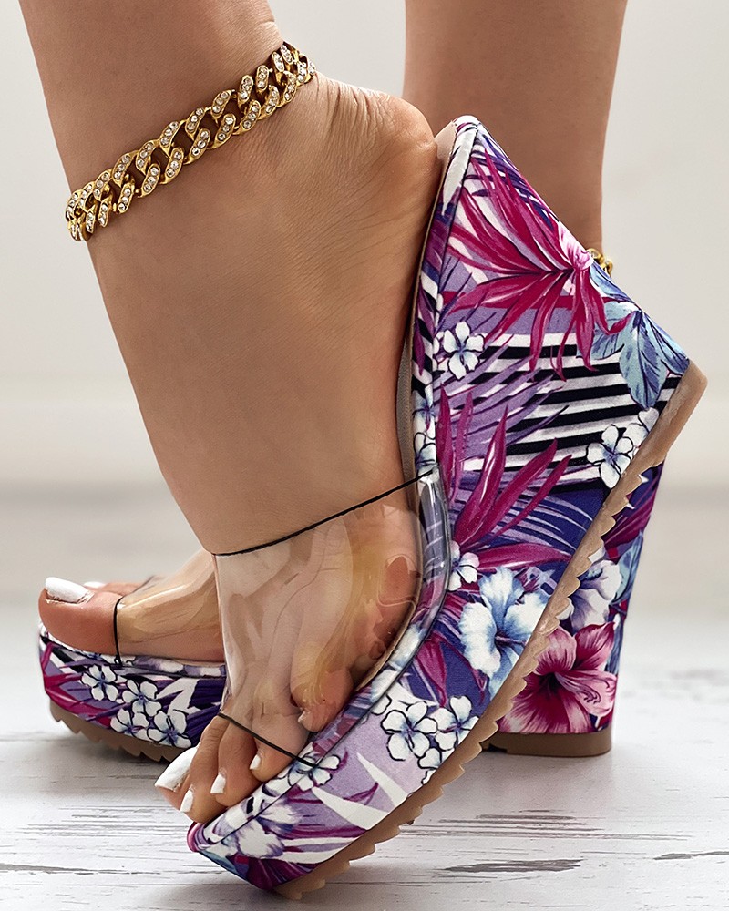 Peep Toe Floral Print Wedges Sandals