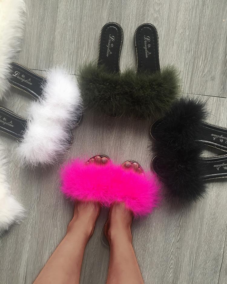 Fashion Ostrich Feather Patchwork Flat Slippers