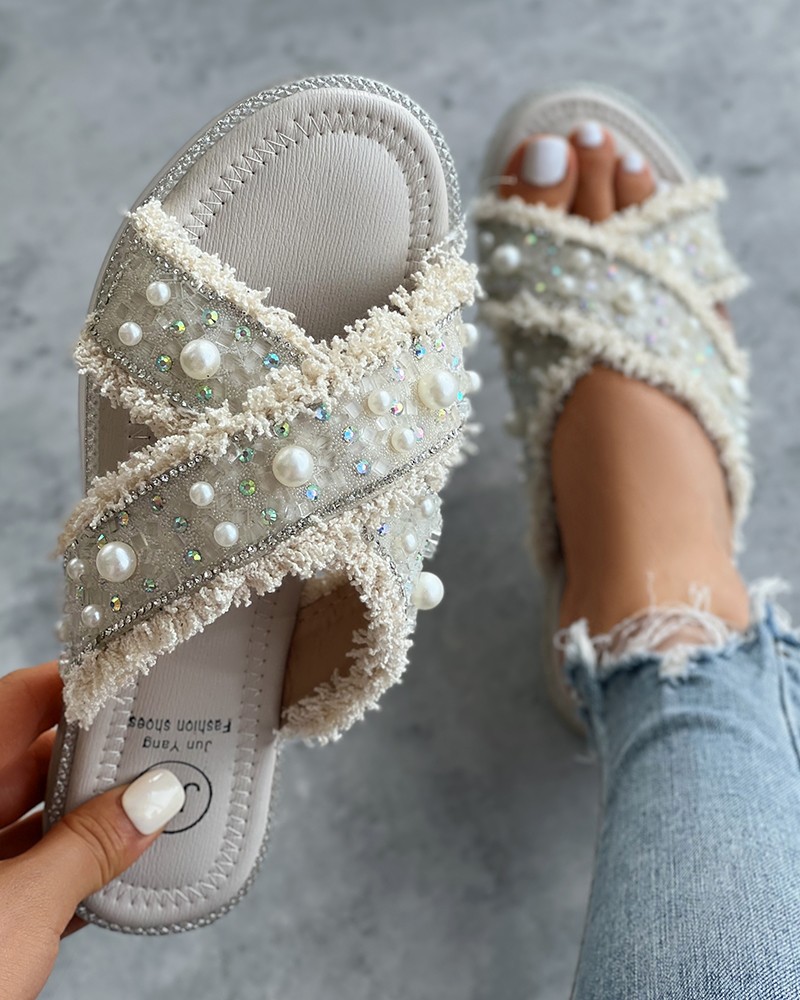 Pearls Decor Fringe Hem Beach Bohemian Slippers
