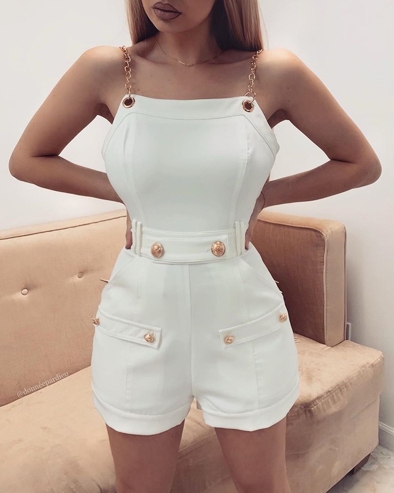 Metal Chain Strap Button Detail Romper